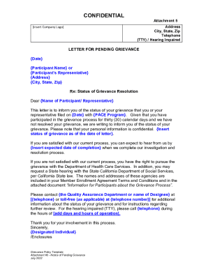 Fillable Online Attachment 5 Letter for Pending Grievance - DHCS Fax ...