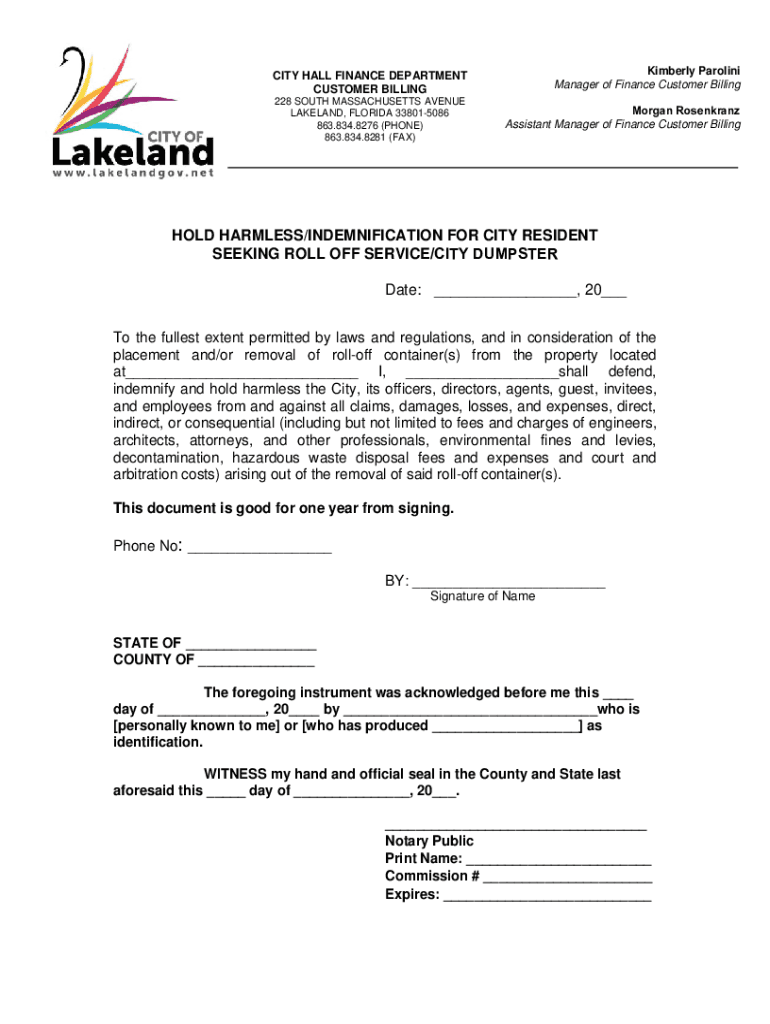 Fillable Online HOLD HARMLESS/INDEMNIFICATION FOR CITY RESIDENT ... Fax ...