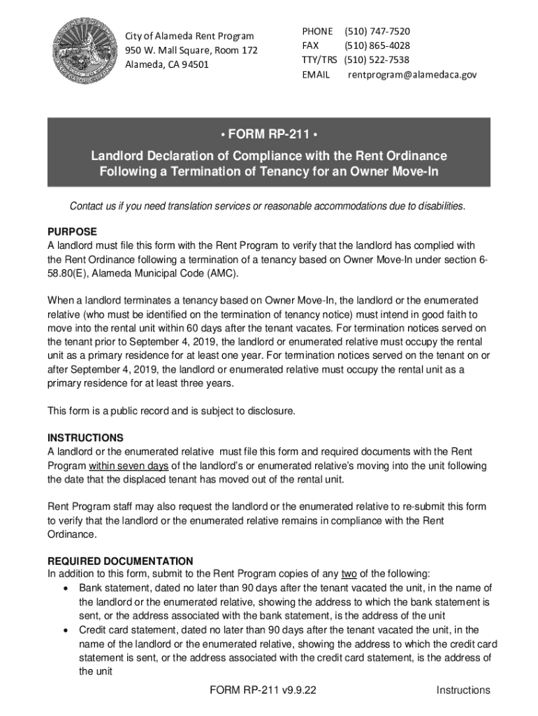 Fillable Online FORM RP-211 - City of Alameda Rent Program Fax Email ...