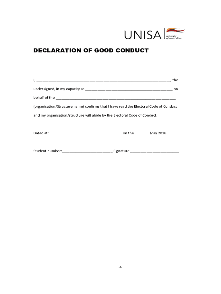Fillable Online DECLARATION OF GOOD CONDUCT - University of South ...