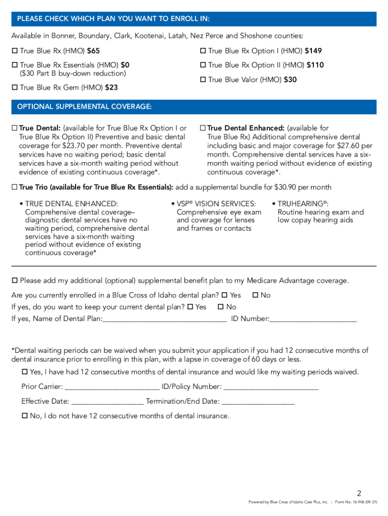 Fillable Online 2022 True Blue (HMO) Enrollment Form North Idaho, Clark ...