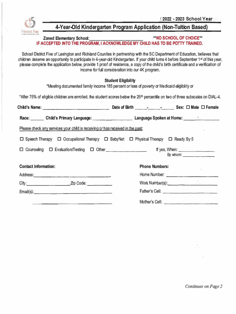 Fillable Online 4-Year-Old Kindergarten Program Application (Non ...