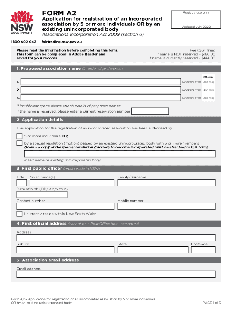 Fillable Online FORM A2 Application for registration of an incorporated ...