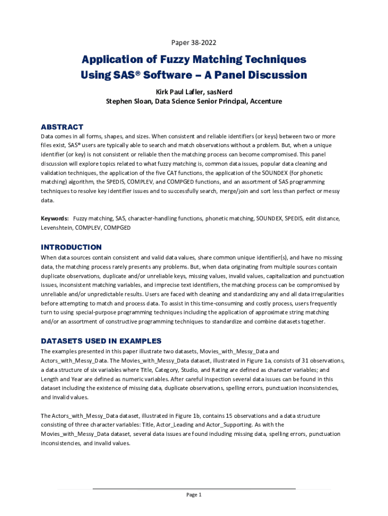 Fillable Online Application Of Fuzzy Matching Techniques Using Sas Fax Email Print Pdffiller