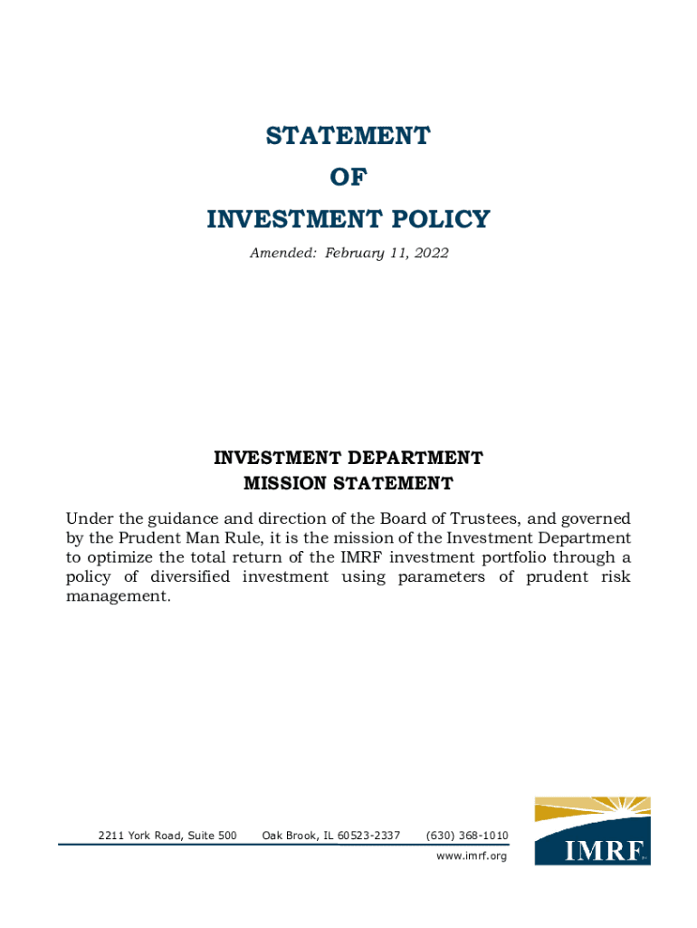 Fillable Online Statement of Investment Policy, Objectives, and ...