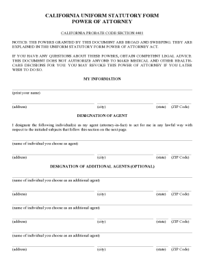 Fillable Online UNIFORM STATUTORY FORM POWER of ATTORNEY (California ...