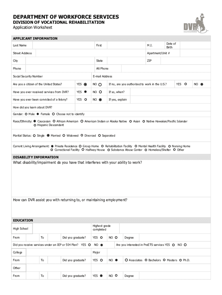 Fillable Online DVR Application Worksheet Fax Email Print - pdfFiller