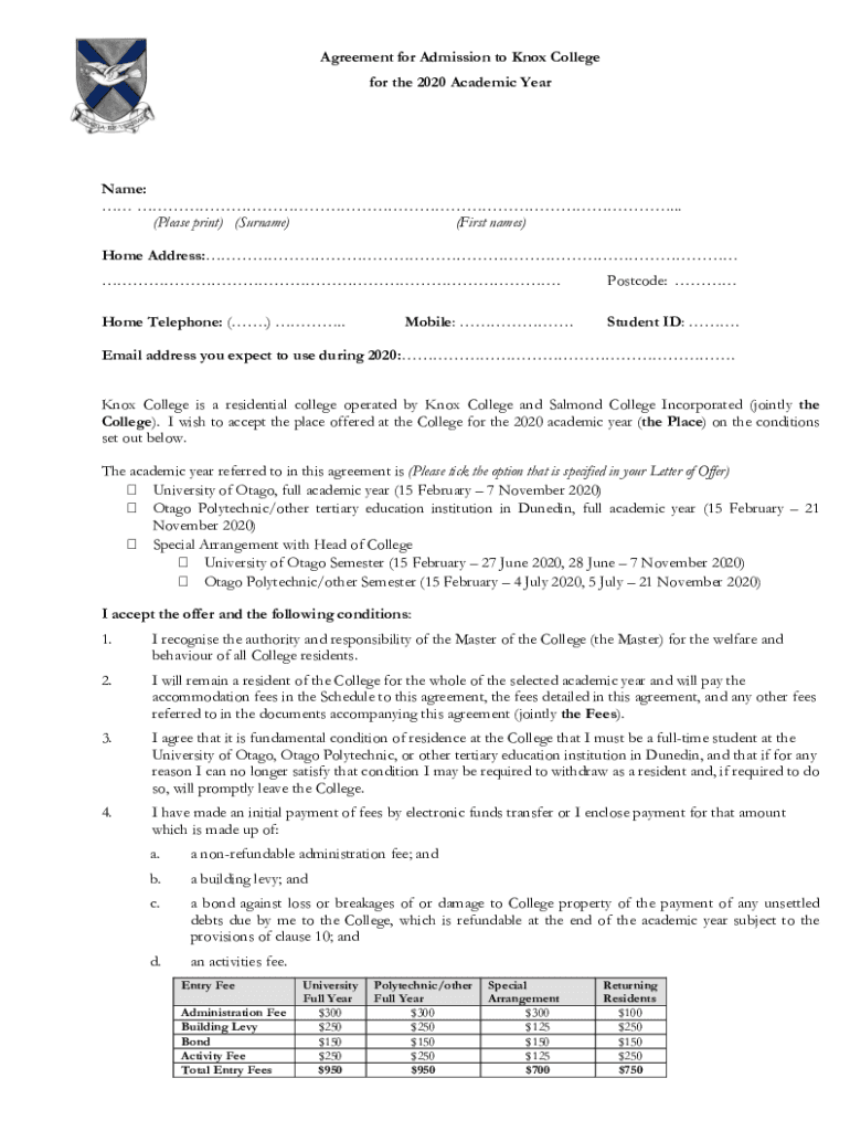 Fillable Online knoxcollege ac Agreement for Admission to Knox College ...