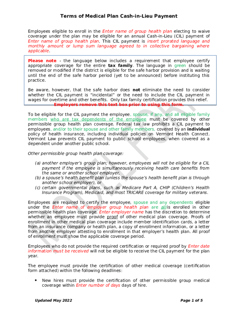 Terms of Medical Plan Cash-in-Lieu Payment. Cafeteria Plans; CIL or Opt ...