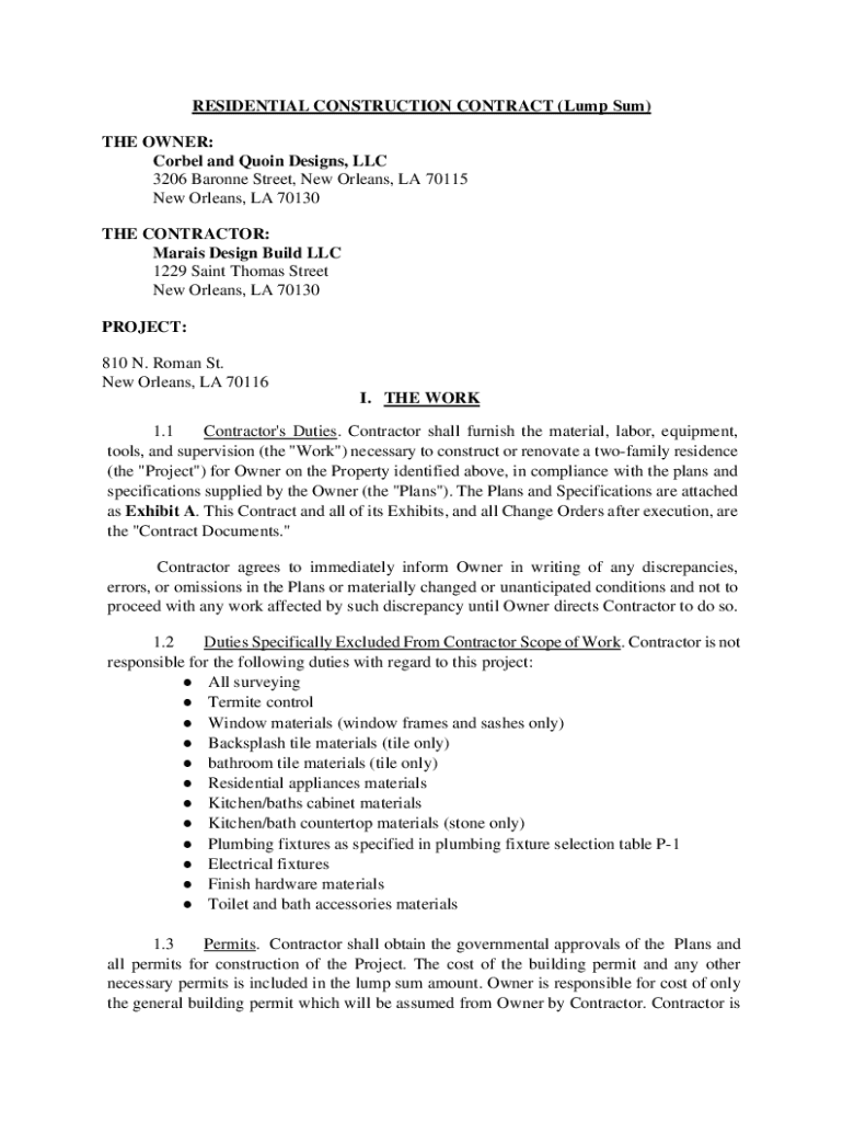 Fillable Online RESIDENTIAL CONSTRUCTION CONTRACT (Lump Sum) THE ...