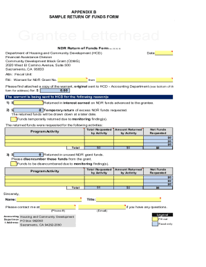 Fillable Online APPENDIX B SAMPLE RETURN OF FUNDS FORM - California Fax ...