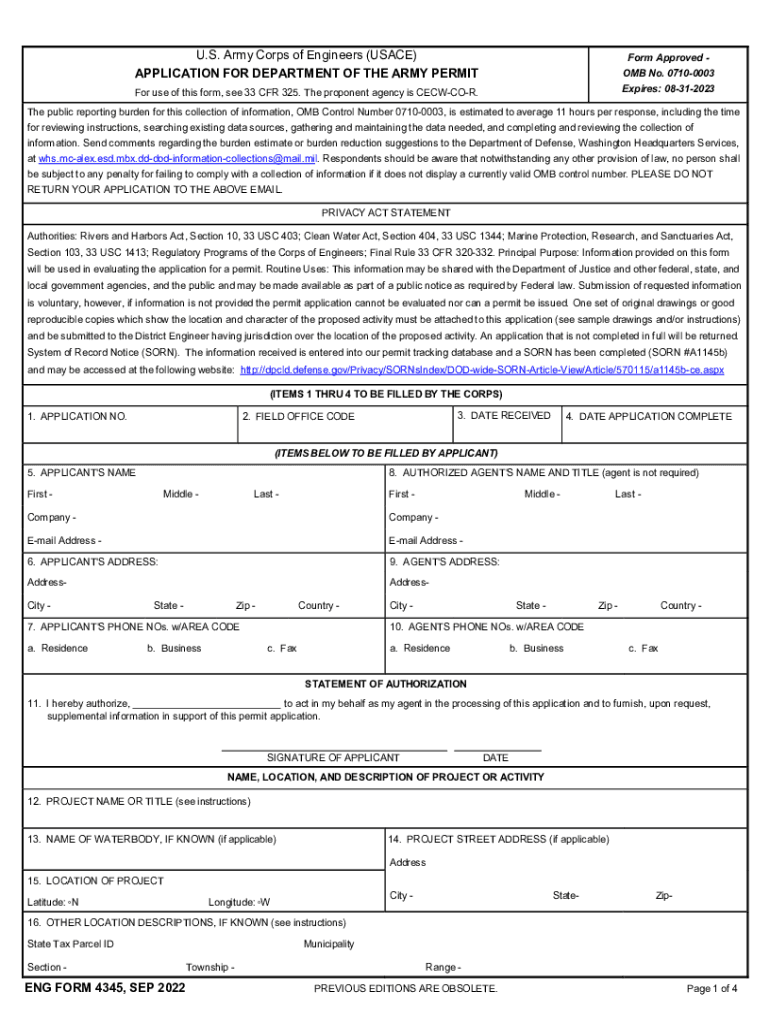Fillable Online APPLICATION FOR DEPARTMENT OF THE ARMY PERMIT - United ...