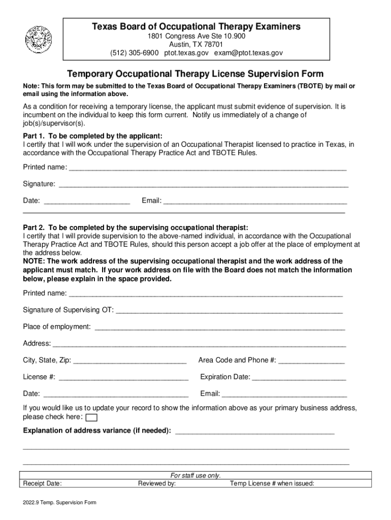 Fillable Online ptot texas Temporary Occupational Therapy License ...