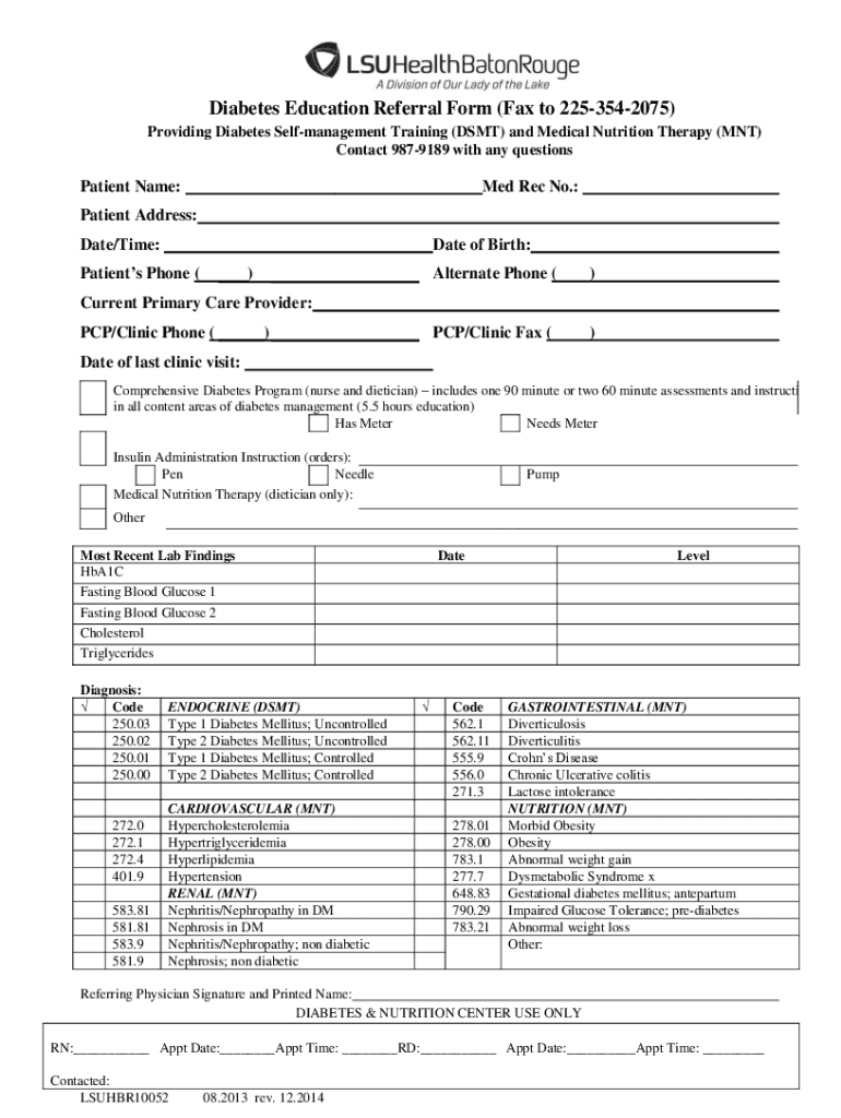 Fillable Online Diabetes Education Referral Form (Fax to 225-354-2075 ...