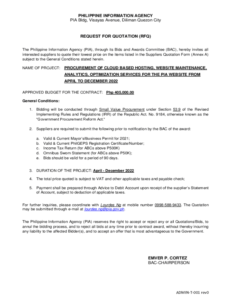 Fillable Online pia gov PHILIPPINE INFORMATION AGENCY REQUEST FOR QUOTATION (RFQ) PROVISION FOR ...