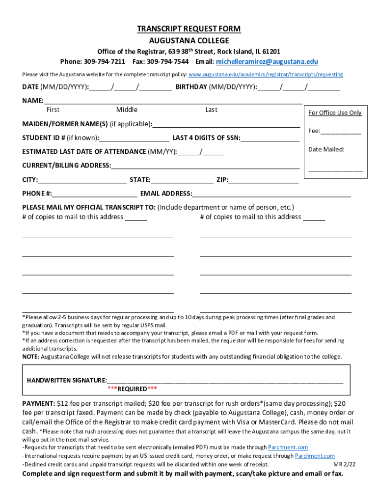 Fillable Online TRANSCRIPT REQUEST FORM AUGUSTANA COLLEGE Fax Email ...