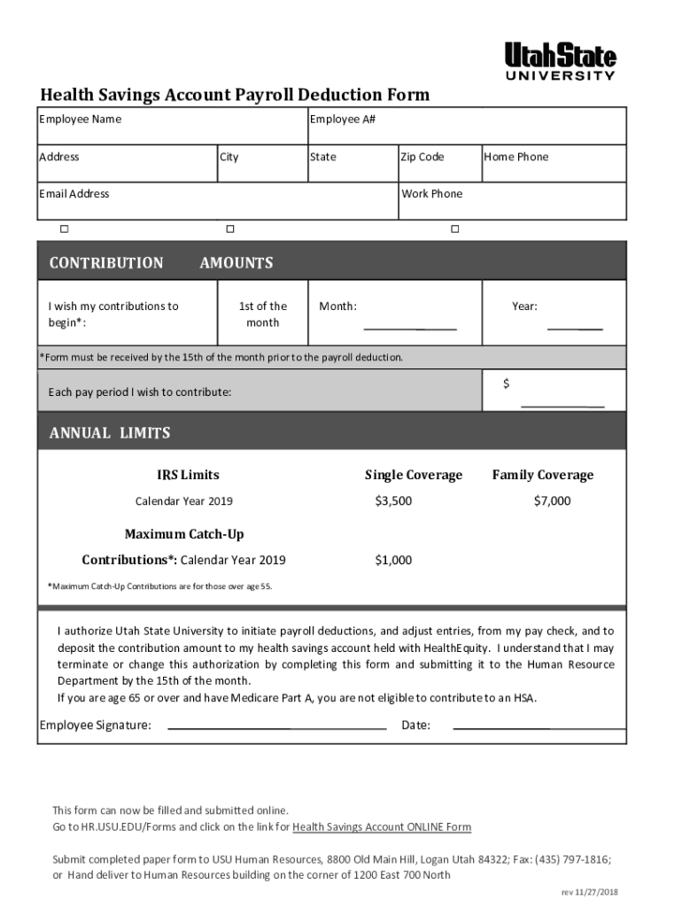Fillable Online HSA payroll deduction form.xlsx - Utah State University ...