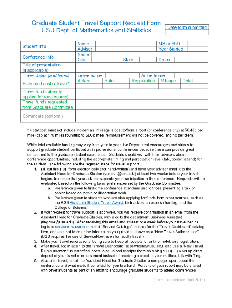 Fillable Online Graduate Student Travel Support Request Form USU Dept. of ... Fax Email Print ...