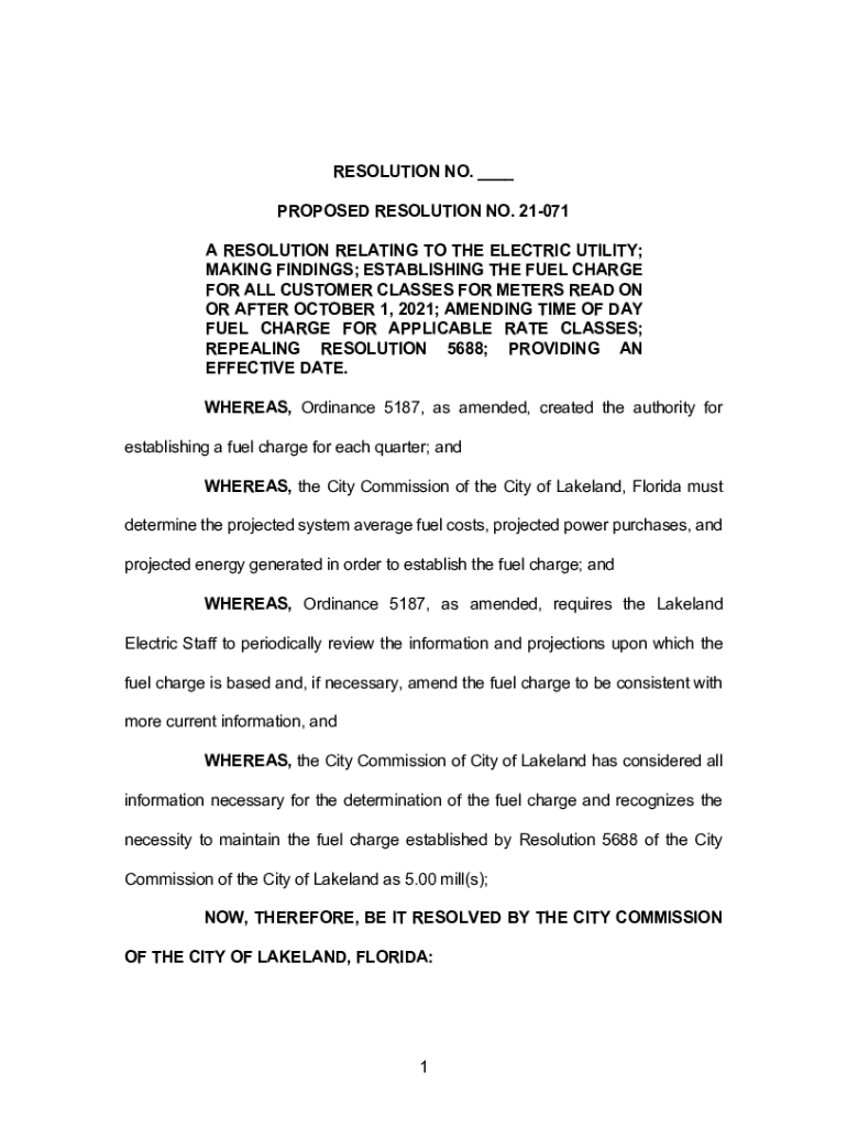 Fillable Online A RESOLUTION RELATING TO THE ELECTRIC UTILITY; Fax ...