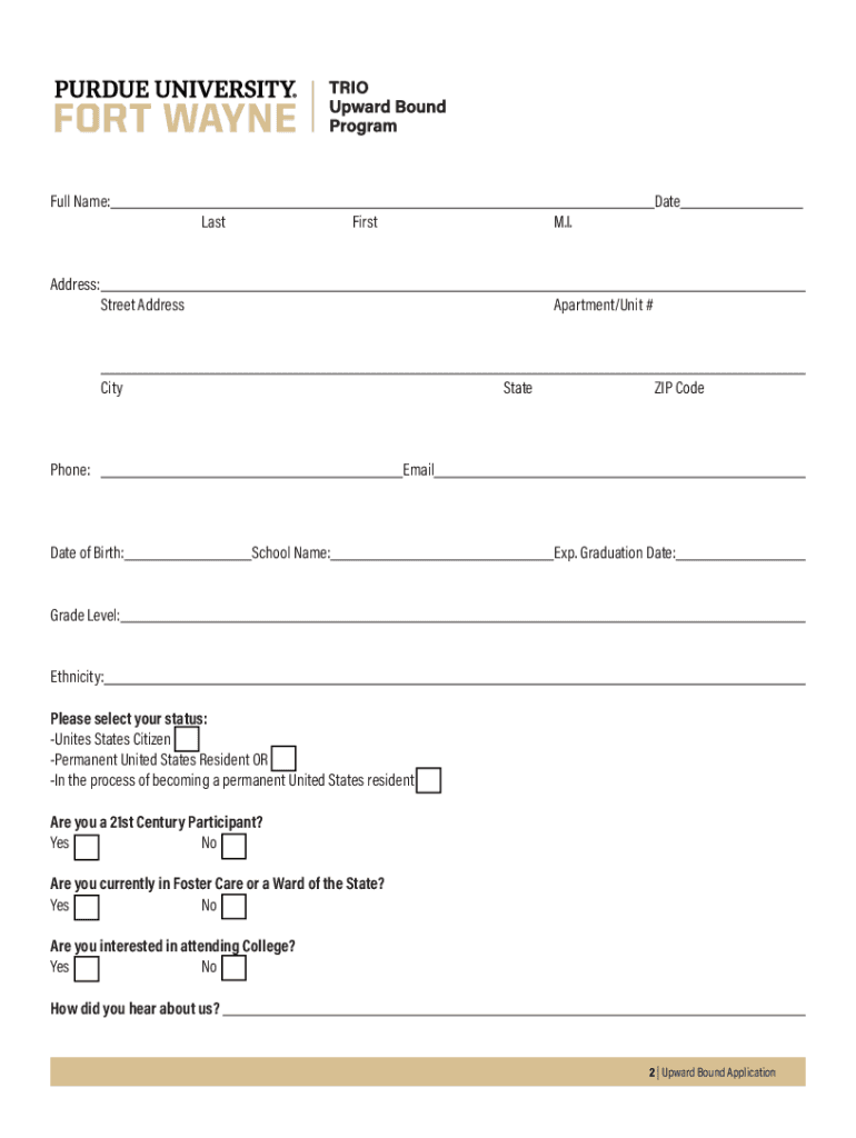 Fillable Online www.bw.eduAssetsupward-boundUpward Bound New Student ApplicationBaldwin Wallace ...