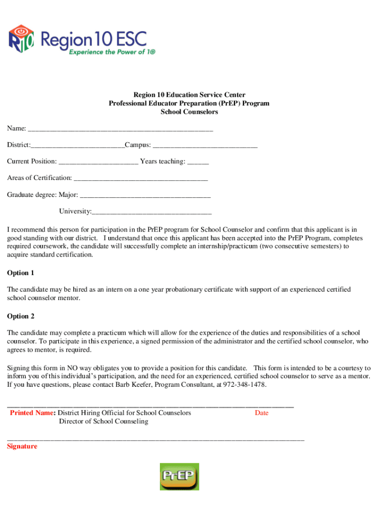 Fillable Online Region 10 ESC PrEP Program School Counselor Acknowledgement Form Fax Email Print ...