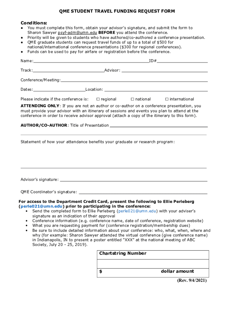 Fillable Online qme student travel funding request form cehd umn Fax ...