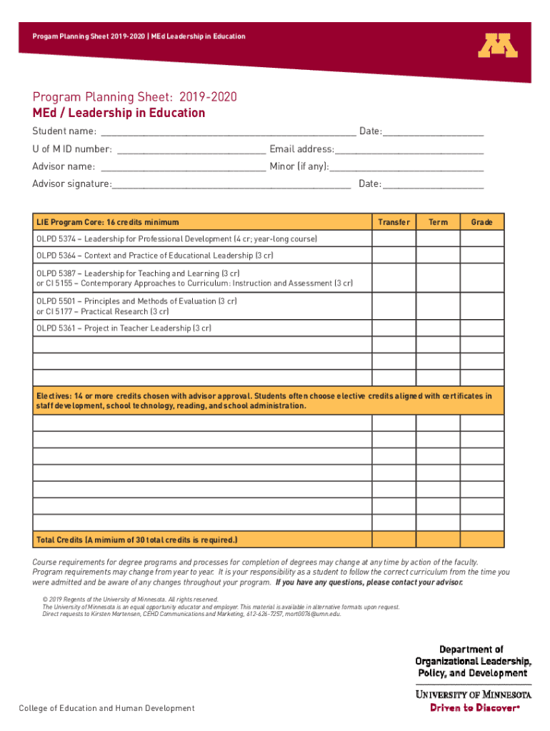 Fillable Online Program Planning Sheet: 2019-2020 MEd ... - CEHD UMN ...