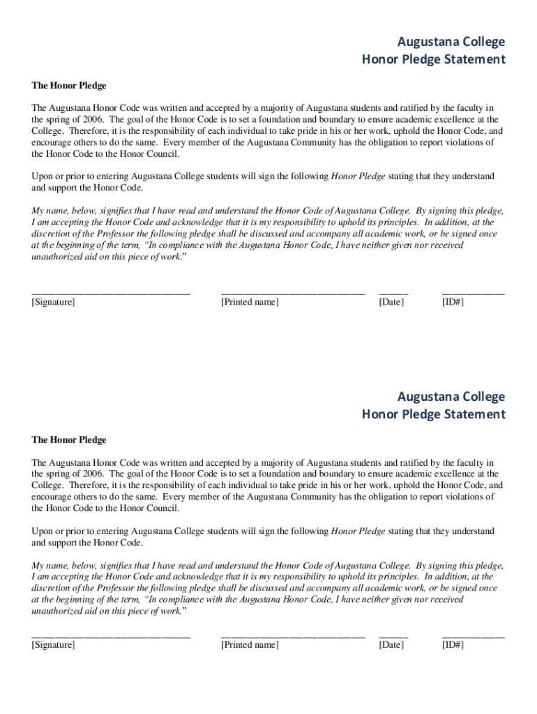 Fillable Online Augustana College Honor Pledge Statement Fax Email ...