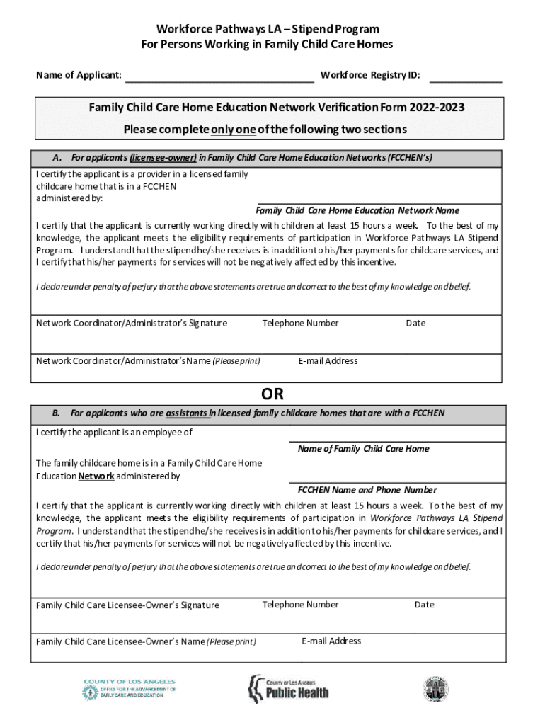 Fillable Online Family Child Care Home Education Network Verification ...