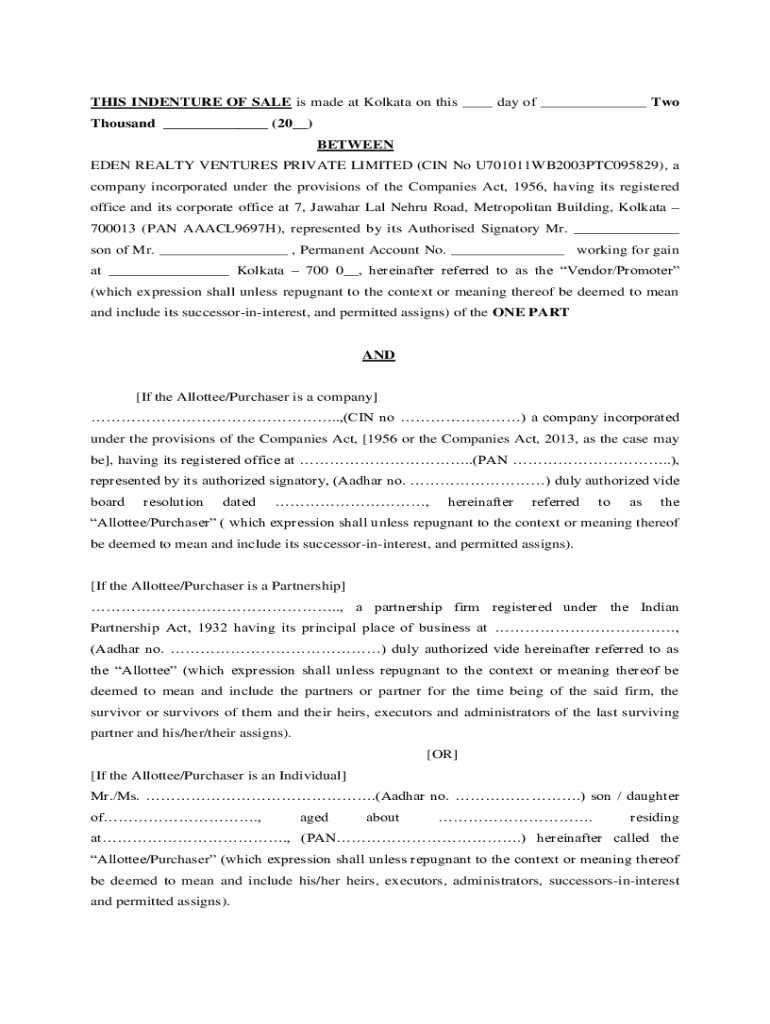 Fillable Online DEED OF CONVEYANCE (Format) THIS INDENTURE Two Thousand ...
