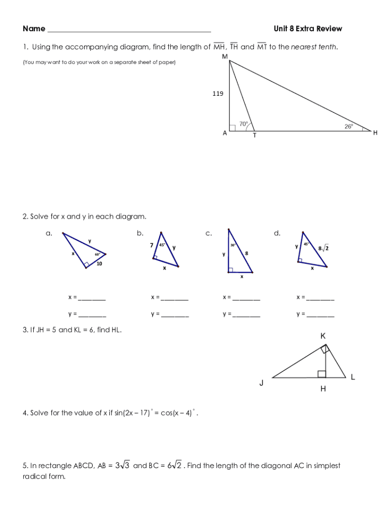 Fillable Online Pythagorean Theorem & Trigonometric Ratios - White ...