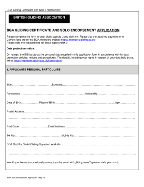Fillable Online Solo Endorsement and Gliding Certificate Application ...