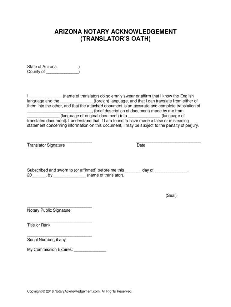 Fillable Online Free Arizona Translator's Oath - PDF - Word - Notary ...