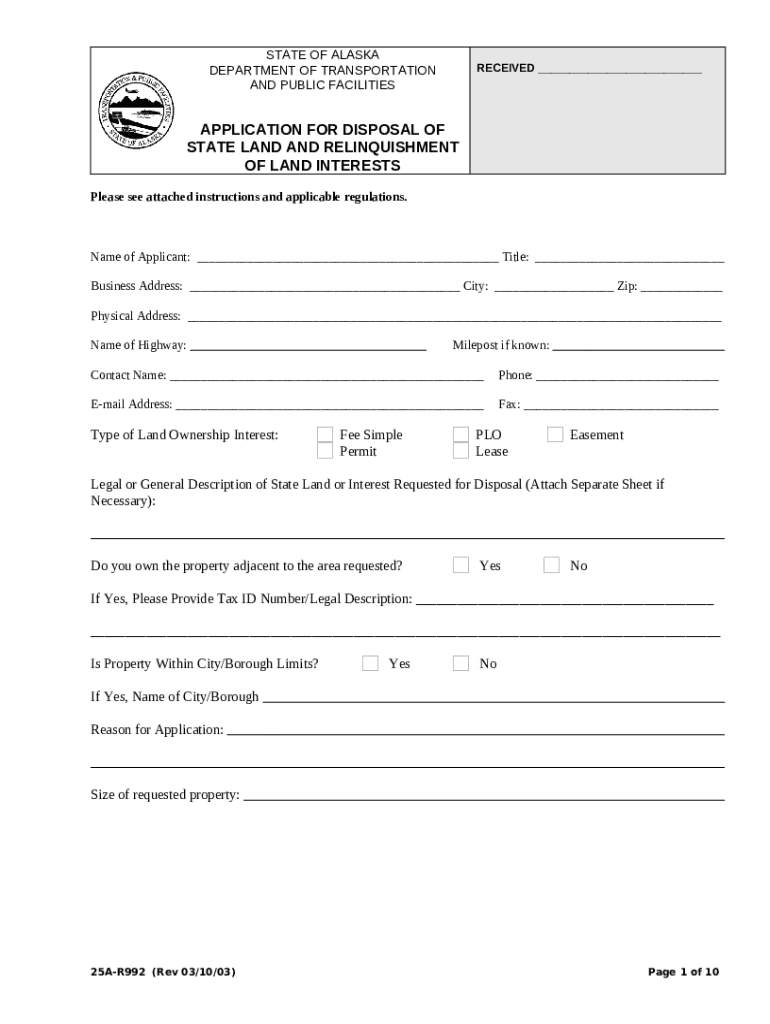 APPLICATION FOR DISPOSAL OF STATE LAND AND RELINQUISHMENT OF LAND ...