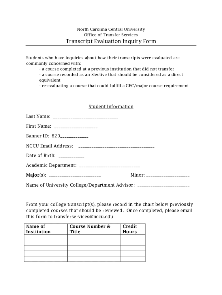 Fillable Online Transcript Evaluation Inquiry Form - North Carolina Central University Fax Email ...