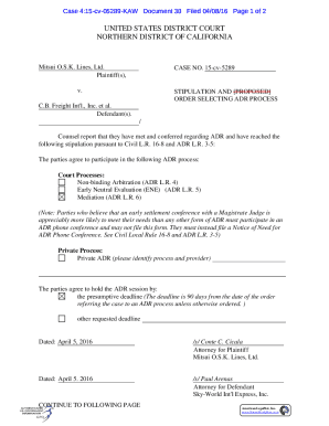 Fillable Online Stipulation And Proposed Order Selecting ADR Process ...