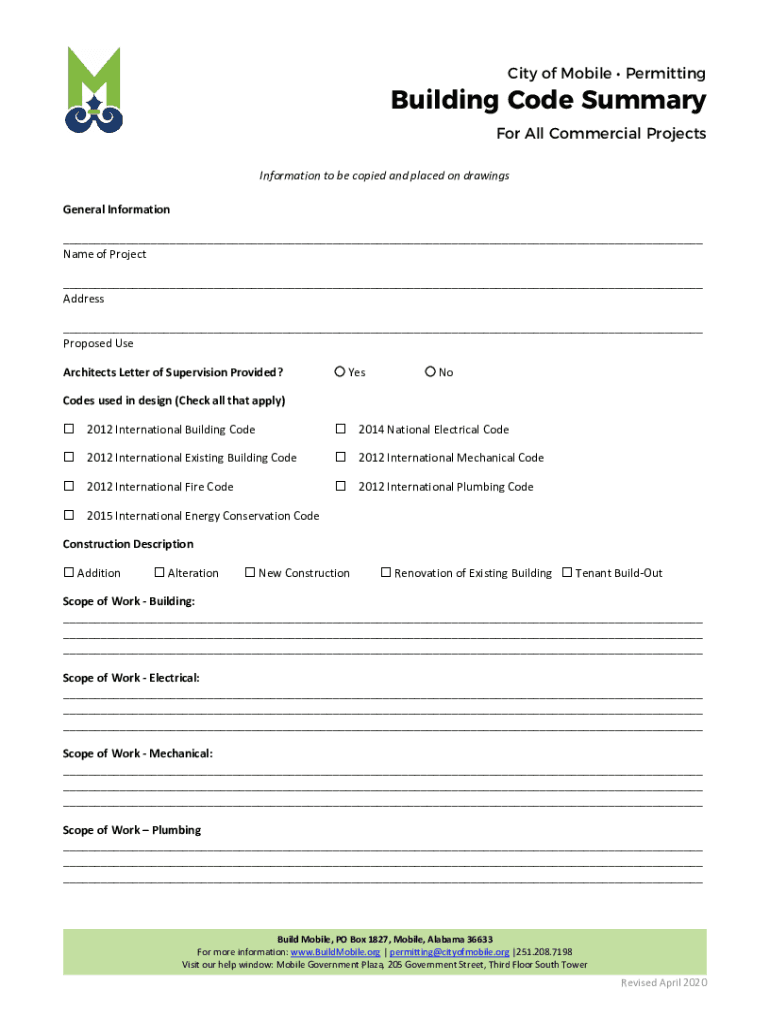 Fillable Online BUILDING CODE SUMMARY - City of Mobile Fax Email Print ...