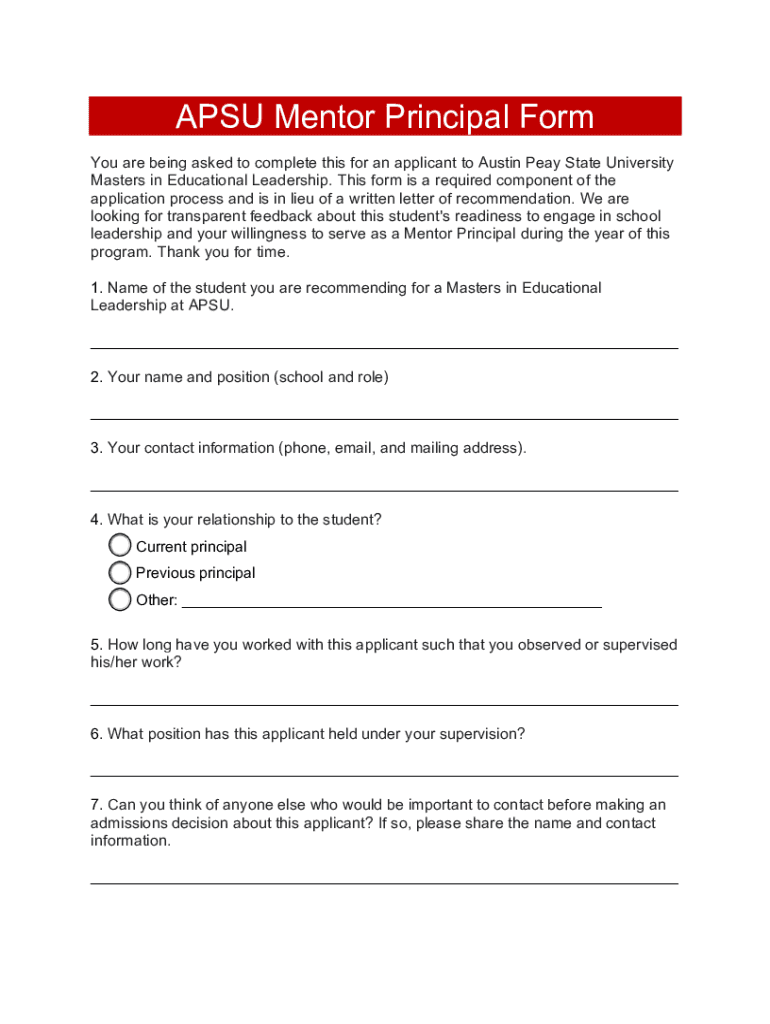 Fillable Online www.apsu.eduMentorPrincipalFormAPSU Mentor Principal ...