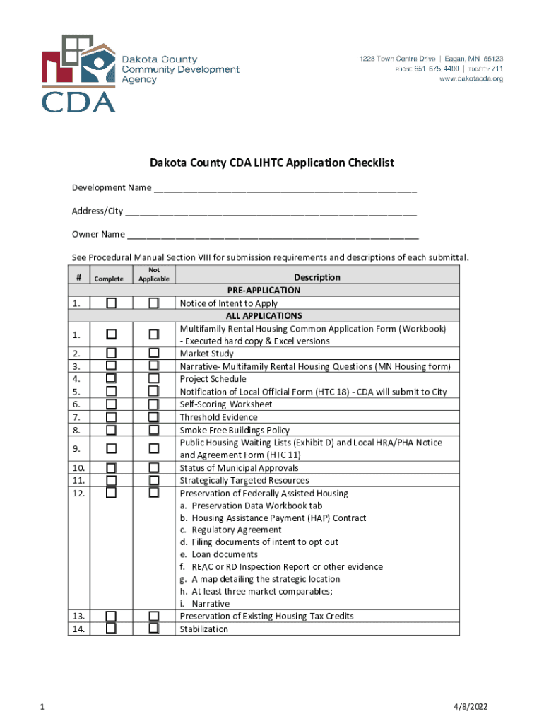 Fillable Online Dakota County CDA LIHTC Application Checklist Fax Email ...