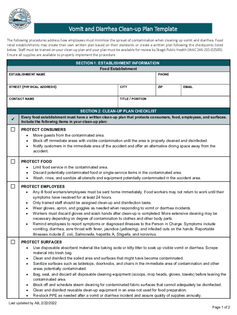 WA Vomit and Diarrhea Clean-Up Plan Form - Fill Online, Printable ...