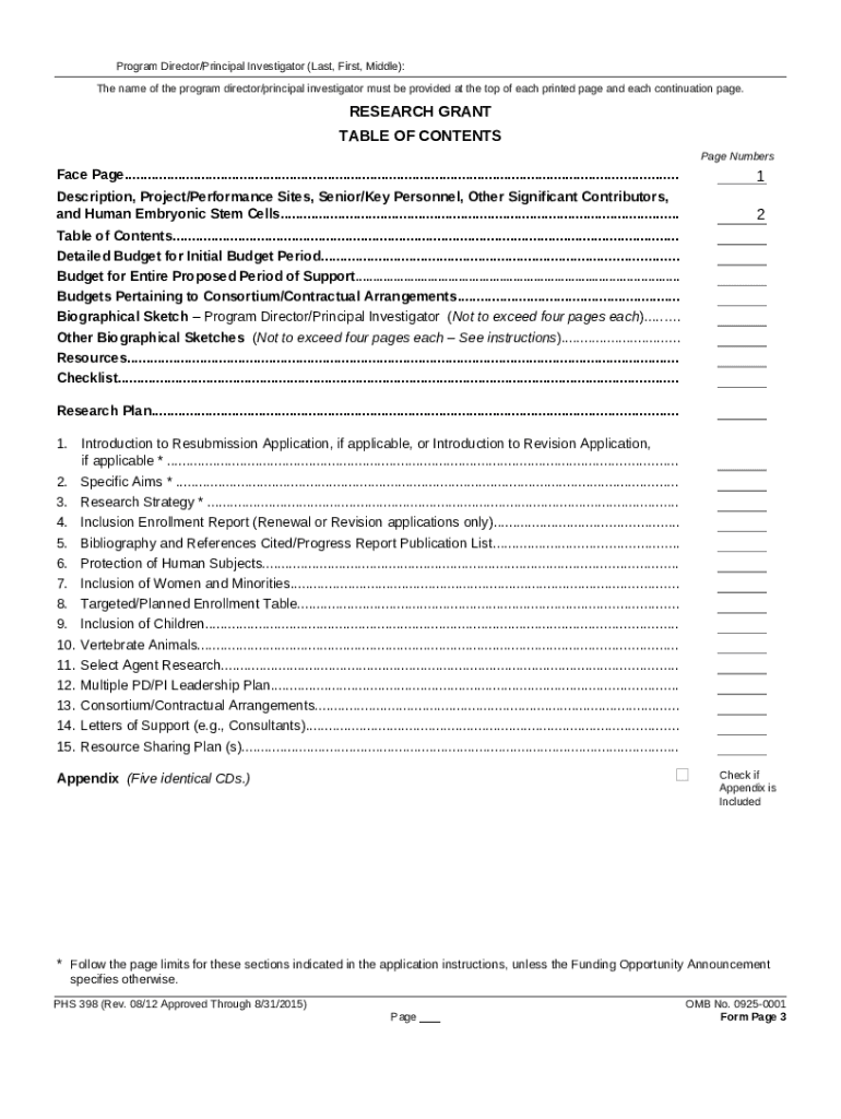 PHS 398 (Rev. 08/12), OMB No. 0925-0001, Table of Contents, Page 3 ...