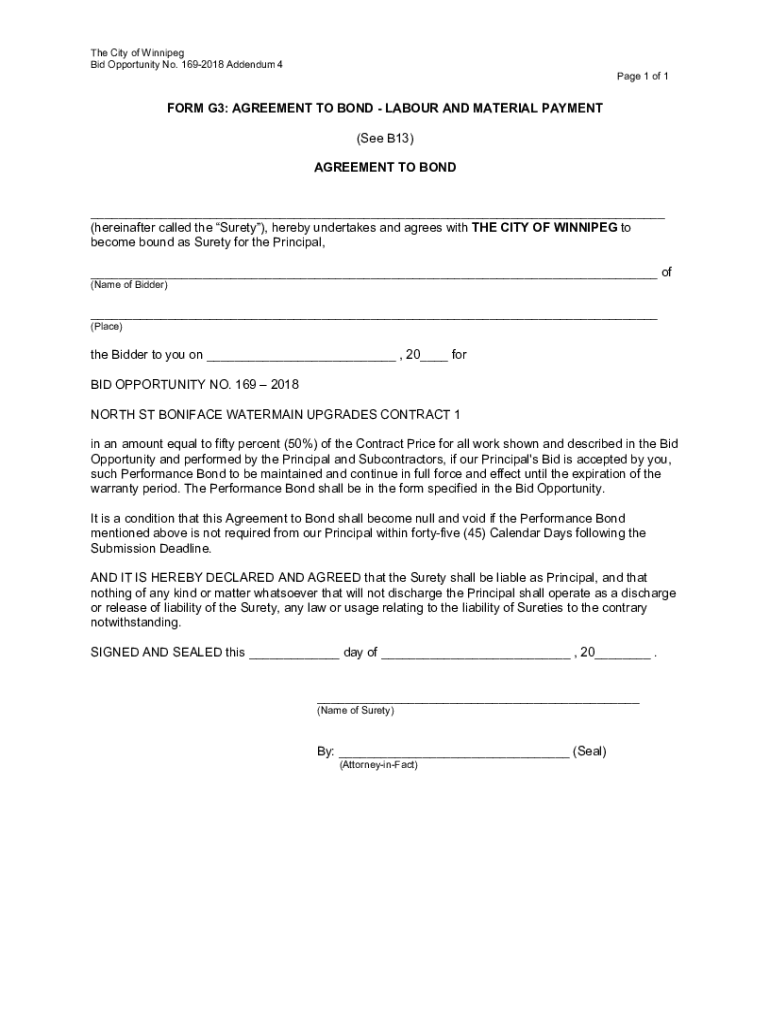 Fillable Online form g3: agreement to bond - labour and material ...