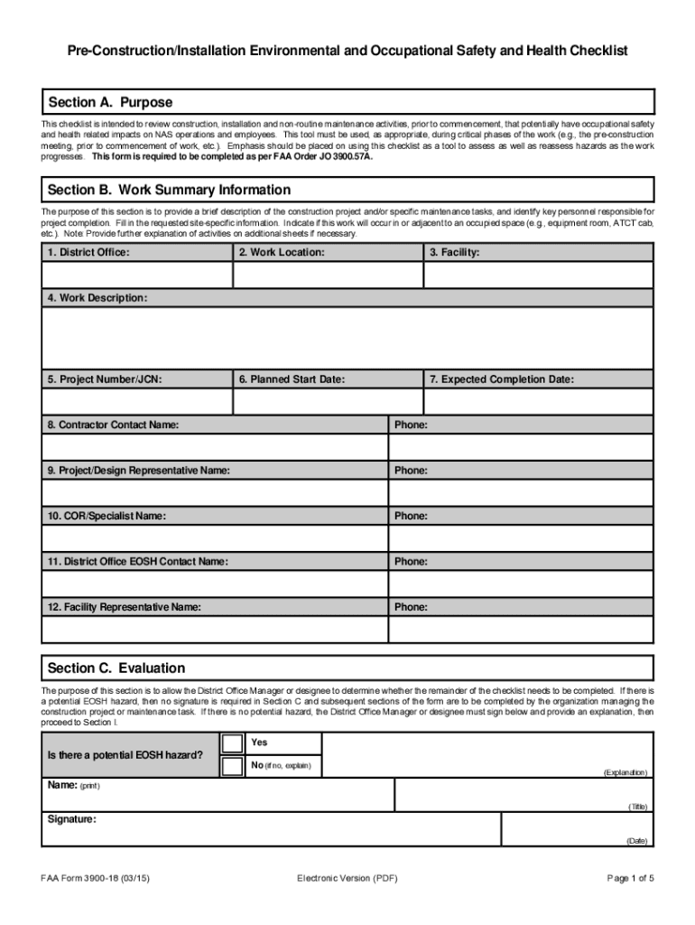 Fillable Online FAA Form 3900-18 Pre-Construction/Installation ...