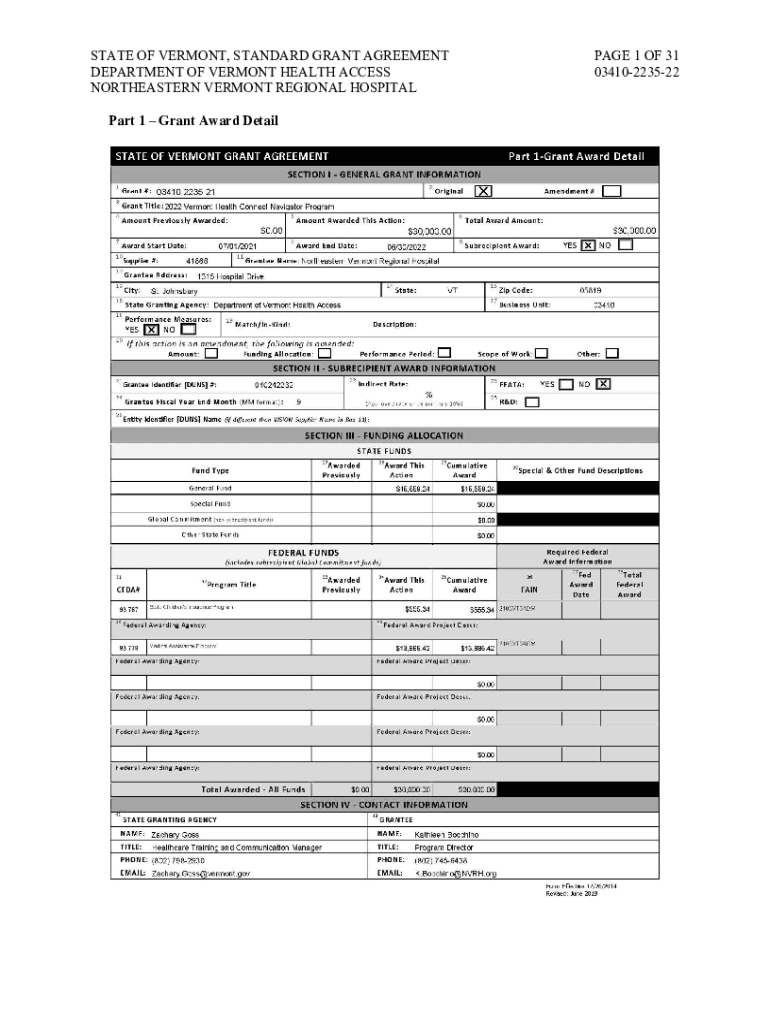 Fillable Online dvha vermont STATE OF VERMONT, STANDARD GRANT AGREEMENT PAGE 1 ... Fax Email ...