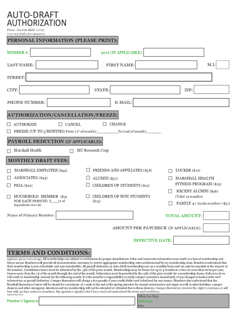 Fillable Online www.marshall.edu campusrec filesAuto-Draft Authorization v2 - Marshall ...