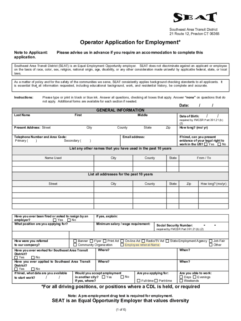 Fillable Online Application for Employment - Southeast Area Transit ...
