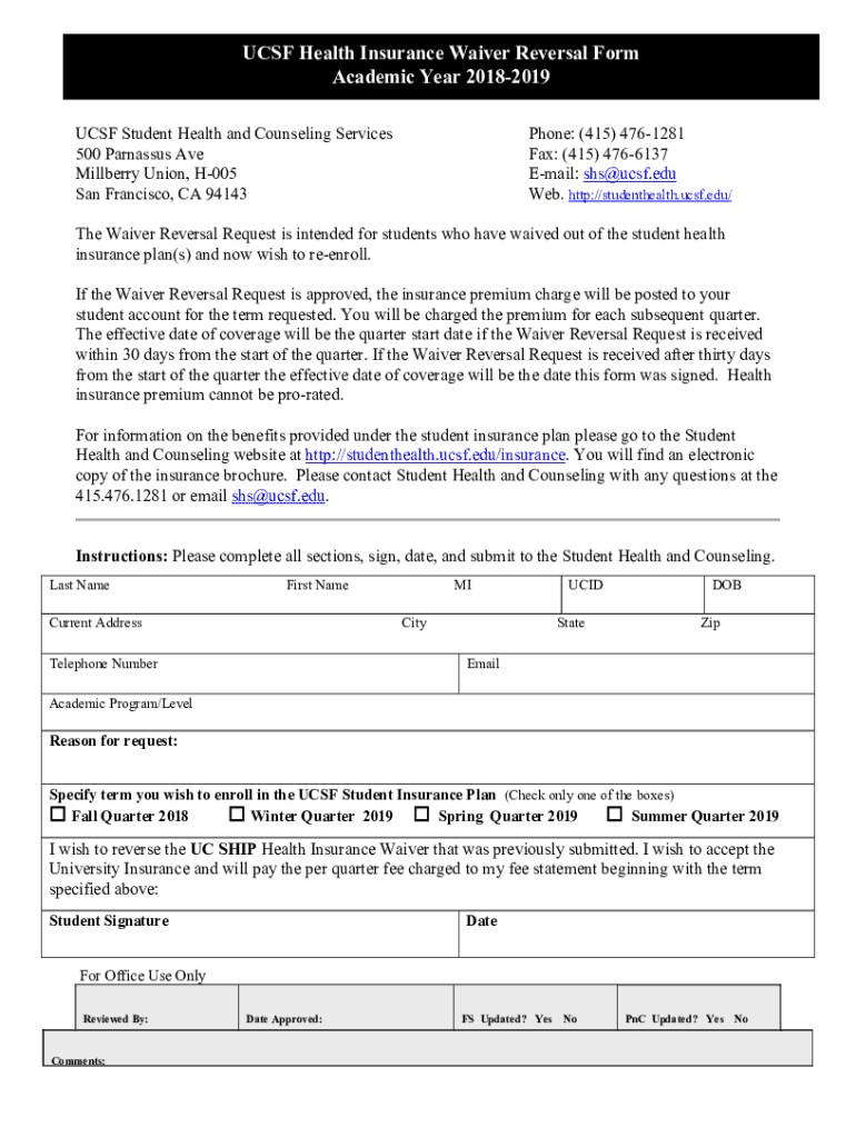 Fillable Online studenthealth ucsf 18-19 UCSF Waiver Reversal Form.doc ...