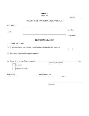 Fillable Online sasklawcourts.caForm-F-Request-to-AdjournFORM F Rule 34 ...