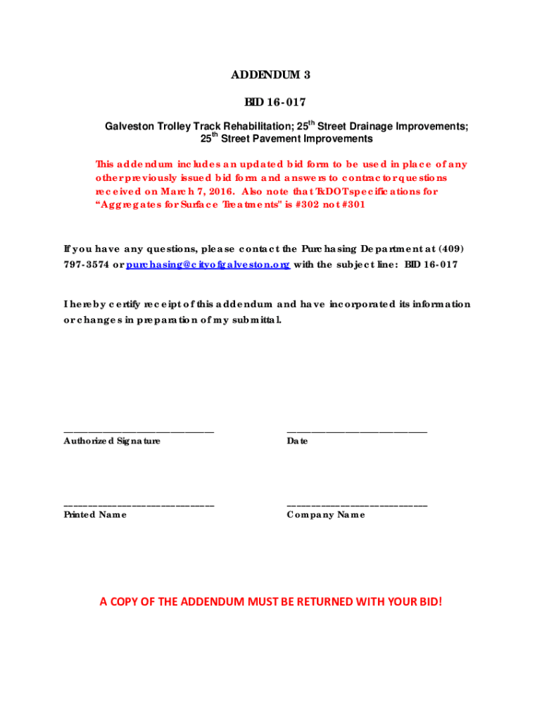 Fillable Online ADDENDUM 3 BID 16-017 A COPY OF THE ADDENDUM MUST BE ...