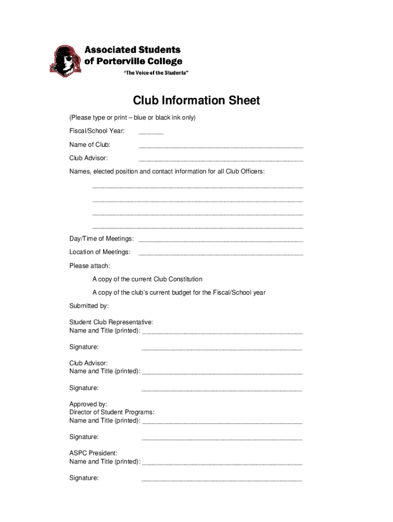 Fillable Online www.fcmat.orgASB2015Ch4ClubInfoSheetpdfClub Information ...